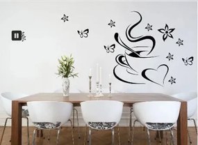 Kuchyňská samolepka na zeď šálek kávy se srdcem a motýly 80 x 160 cm
