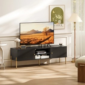 HOMCOM TV nábytek pro televizory až do 165,1 cm, žebrované dveře, otevřené přihrádky, kovové nohy, 140 x 38 x 45,9 cm, černé
