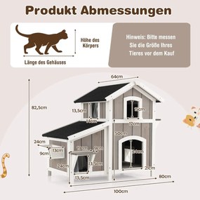 Costway Venkovní 2patrový dům pro kočky kočičí vila s asfaltovou střechou, šedá