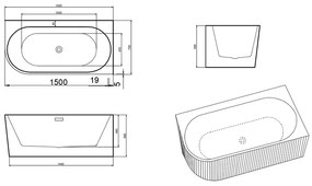 BPS-koupelny Volně stojící rohová akrylátová vana HYD-RIO504B pravá 150x75 bílá, odtokový komplet zlatý