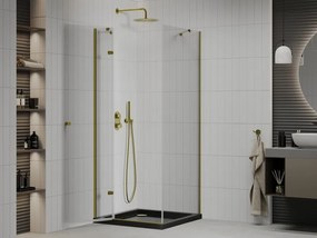 Mexen Roma, sprchový kout s křídlovými dveřmi 80 (dveře) x 80 (stěna) cm, 6mm čiré sklo, zlatý profil + slim sprchová vanička černá + zlatý sifon, 854-080-080-50-00-4070G