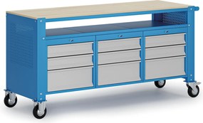 Pojízdný dílenský stůl G9, 1 horní police, 9 zásuvek, 1690 x 595 x 865-1130 mm, šedá/modrá