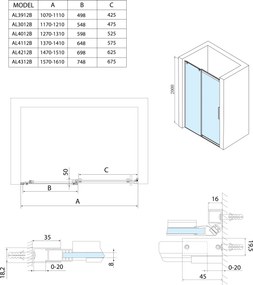 Polysan Polysan, ALTIS LINE BLACK sprchové dveře 1470-1510mm, výška 2000mm, sklo 8mm, AL4212B