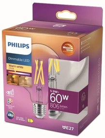 Philips 8719514323957 led filamentová žárovka 5,9w/60w | e27 | 806lm | 2200-2700k | g93 - stmívatelná, warmglow