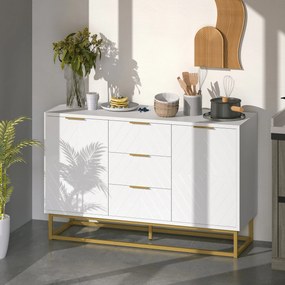 HOMCOM Moderní Komoda se 3 Zásuvkami, 2 Dveřmi a Regulovatelnou Policí pro Obývací Pokoj a Kuchyň, 120x40x76 cm, Bílá