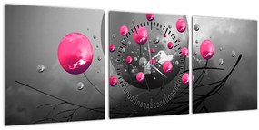 Obraz růžových abstraktních koulí (s hodinami) (90x30 cm)