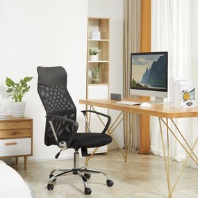 HOMCOM Ergonomická kancelářská židle, herní židle, otočná židle s houpací funkcí, výškově nastavitelné pracovní křeslo, pěna, síťovina, černá, 63 x 6…