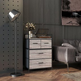 HOMCOM industriální komoda se 4 skládacími látkovými zásuvkami a otevřenou policí, 60 x 29 x 85 cm, šedá