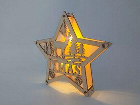 LED světelná dřevěná dekorace, hvězda s vyrytým sobem a XMAS, 15x15cm