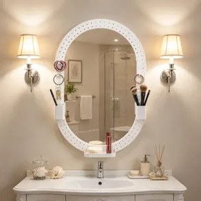HOMCOM Zrcadlo na zeď s perforovanou deskou, dekorační zrcadlo 90x60 cm do obývacího pokoje, ložnice, bílé