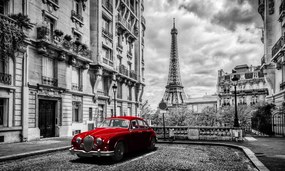 Vícedílný obraz Červené Auto V Retro Stylu Na Pozadí Eiffelovy Věže Nedostatek Nedostatek Přírodní plátno 150x90