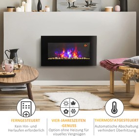 HOMCOM Elektrický krb s LED efektem plamene,1000/2000W, nástěnný krb v 7 barvách, elektrický krb s dálkovým ovládáním, nástěnný, černý | Aosom