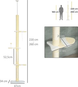 PawHut škrabadlo, kočičí škrabadlo stropní vysoké, 220-260 cm, šplhací strom s míčem na hraní, výškově nastavitelný kočičí strom, strom na hraní s oc…