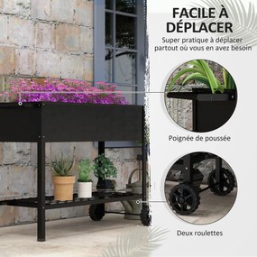 Metalová pěstební miska Outsunny se stojanem a policí 104L x 39Š x 80V cm 2 kola + zavlažovací vložka Černá