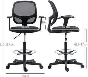 Ergonomická kancelářská židle Vinsetto kancelářská židle, otočná židle, kreslící židle, nastavitelný kroužek na nohy, do 120 kg, černá, 60x56x110-132…
