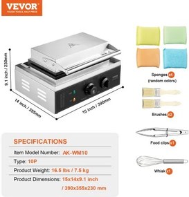 10PCS Komerční vaflovač Obdélníkový vaflovač 1550 W