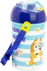 Plastová láhev na pití s brčkem, víčkem a popruhem Bluey - BPA Free - 450 ml
