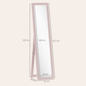 HOMCOM Plné tělo zrcadlo 157x37 cm s MDF rámem, náklonitelné stojací nebo nástěnné zrcadlo, světle perlově růžová