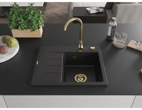 Mexen Ben, 1-komorový granitový dřez 600x500x190 mm, pravý + zlatý sifon, černá, 6523605000-77-G