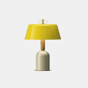 Il Fanale N6H3EO Bon Ton, stolní lampa z mosazi, dřeva, béžová základna, žluté stínítko, 3x10W E14, výška 56,9cm