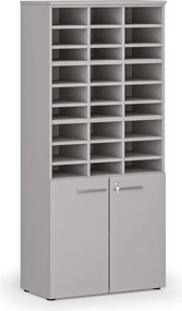 Třídicí regál s dveřmi PRIMO GRAY, 800 x 420 x 1781 mm, 27 přihrádek, šedý