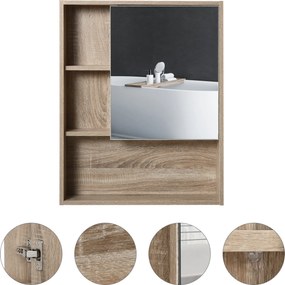 Kleankin zrcadlová skříňka do koupelny - nástěnná skříňka s výškově nastavitelnou policí a otevřenými regály 60x15x76 cm v dubovém dekoru