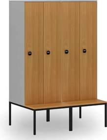 Dřevěná šatní skříňka S4 s lavičkou, 2 oddíly, 1871 x 600 x 500/800 mm, demont, RFID zámek, šedá/bříza