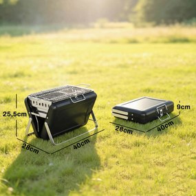 Gril na dřevěné uhlí z nerezové oceli BBQ udírna s grilovacím roštem rukojeť skládací nohy pro grilování kempování 40x28x25,5cm černá