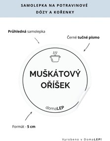 Samolepka na kořenky MUŠKÁTOVÝ OŘÍŠEK průhledná 5 cm tučné písmo