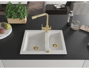 Mexen Carlos, 1,5-komorový granitový dřez 582x475x177 mm a dřezová baterie Duero, bílá, 6518-20-671600-50