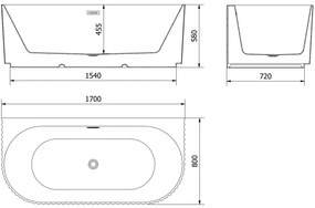 Mexen Sella, volně stojící vana ke stěně, drážkovaná, 170 x 80 cm, bílá matná, broušený grafit, 52711708001-66