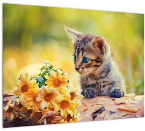 Obraz koťátka dívající se na květinu (70x50 cm)