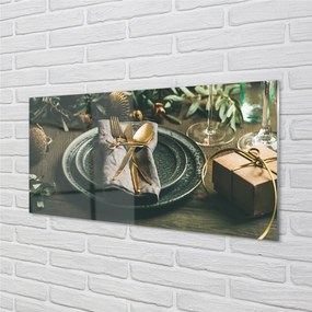 akrylový obraz Talíř příbory ozdoby dárky 100x50 cm
