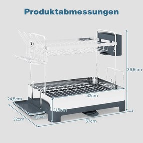 Costway 2-patrový kovový odkapávač na nádobí s držáky na sklenice, talíře