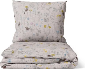 Krepové prodloužené povlečení Ptáčci v kvítí - smetanové Velikost: 140 x 220 + 70 x 90
