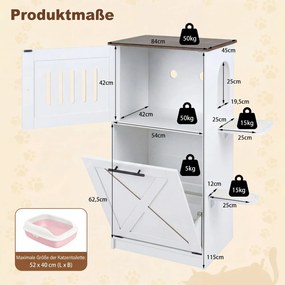 Costway Skříňka na stelivo pro kočky 115 cm Moderní skrytý domeček pro kočky s 2