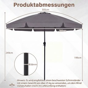 Costway Slunečník 286 cm s klikou a 30° ohebná ochrana proti slunci, šedá