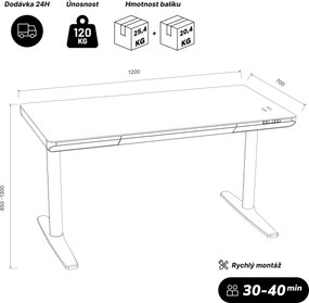 Elektrický psací stůl sit-stand se zásuvkou a bezdrátovou nabíječkou Qi bílý, 1200 mm: ELLIS