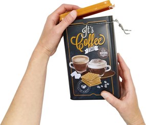 Plechová dóza It‘s Coffee Time, 500 g – černá, matný povrch, s kávovým motivem, s patentním uzávěrem, na kávu, bylinky, těstoviny a drobnosti