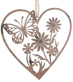 Hnědý kovový ozdobný závěs srdce s motýlkem a květy - 11*1*11 cm