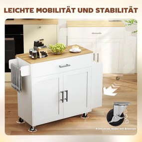 HOMCOM Kuchyňský ostrůvek, kuchyňský vozík na kolečkách, s sklápěcí pracovní deskou, zásuvkou, odkládacím prostorem, 120 x 68 x 85 cm, bílý
