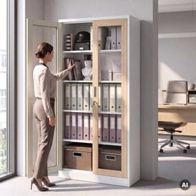 Kovová skříň s vitrínou bílá, dub sonoma, 900x1850x400 mm: AMELIA Eco Design