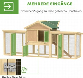 Kurník Dřevěný kurník s hnízdištěm, nepromokavou střechou, bidlem, výběhem, rampou, 204x85x93 cm přírodní dřevo
