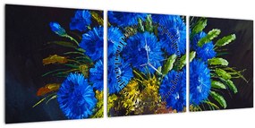 Obraz modrých květů ve váze (s hodinami) (90x30 cm)
