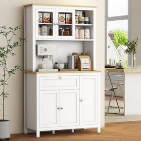 HOMCOM Moderní Kuchaňská Skříňka s Úložným Prostorem - Bílá, 5 Dveří, Nastavitelná Police, Zásuvka a Otevřený Policový Stojan pro Mikrovlnku 100x40x1…