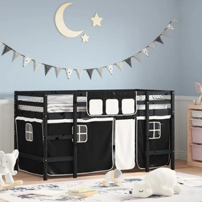Dětská patrová postel se závěsy bílá a černá 80x200 cm borovice - Default Title
