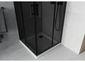 Mexen Rio, čtvercový sprchový kout s posuvnými dveřmi 70 (dveře) x 70 (dveře) x 190 cm, 5mm šedé sklo, černý profil + bílá sprchová vanička SLIM, 860-070-070-70-40-4010B