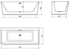 Mexen Volta, volně stojící nástěnná vana 170 x 75 cm, bílá-černá, chromový přepad, 51131707575-01