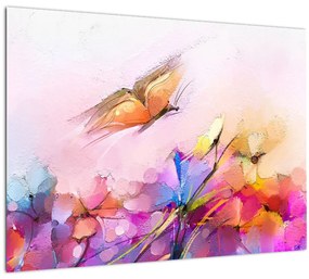 Skleněný obraz - Motýl nad květinou, abstrakce (70x50 cm)