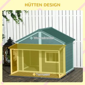Dřevěná psí bouda PawHut s terasou a asfaltovou střechou – venkovní weatherproof úkryt pro malé zvíře, šedá, 124 x 112 x 105 cm